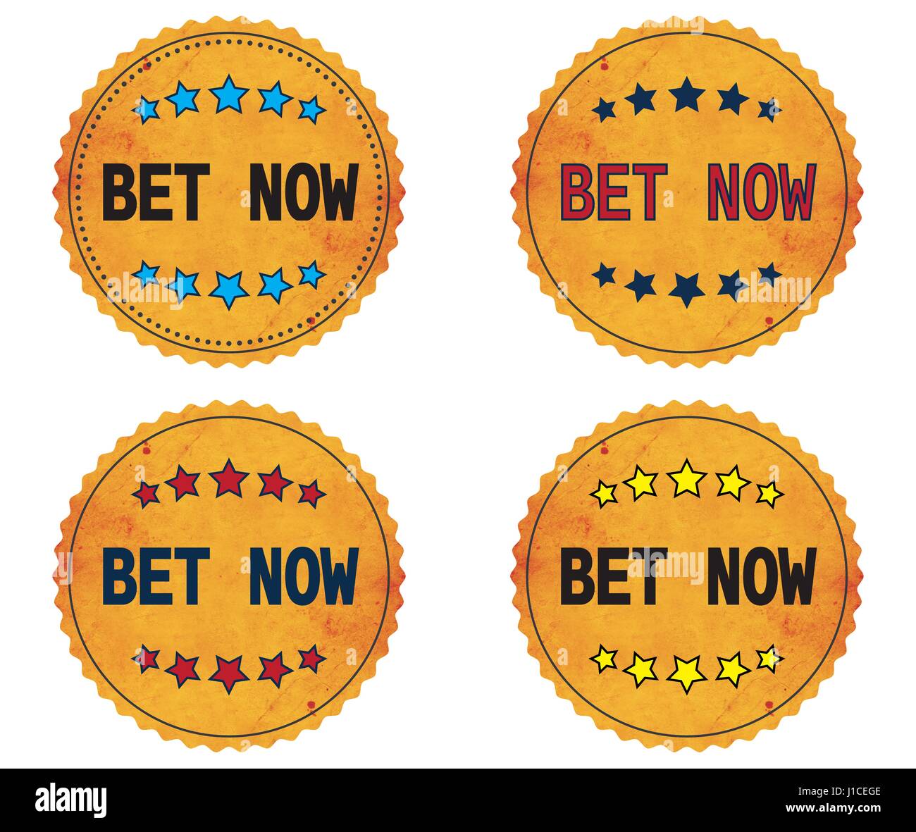 BET NOW text, on round wavy border vintage stamp badge, in color set ...