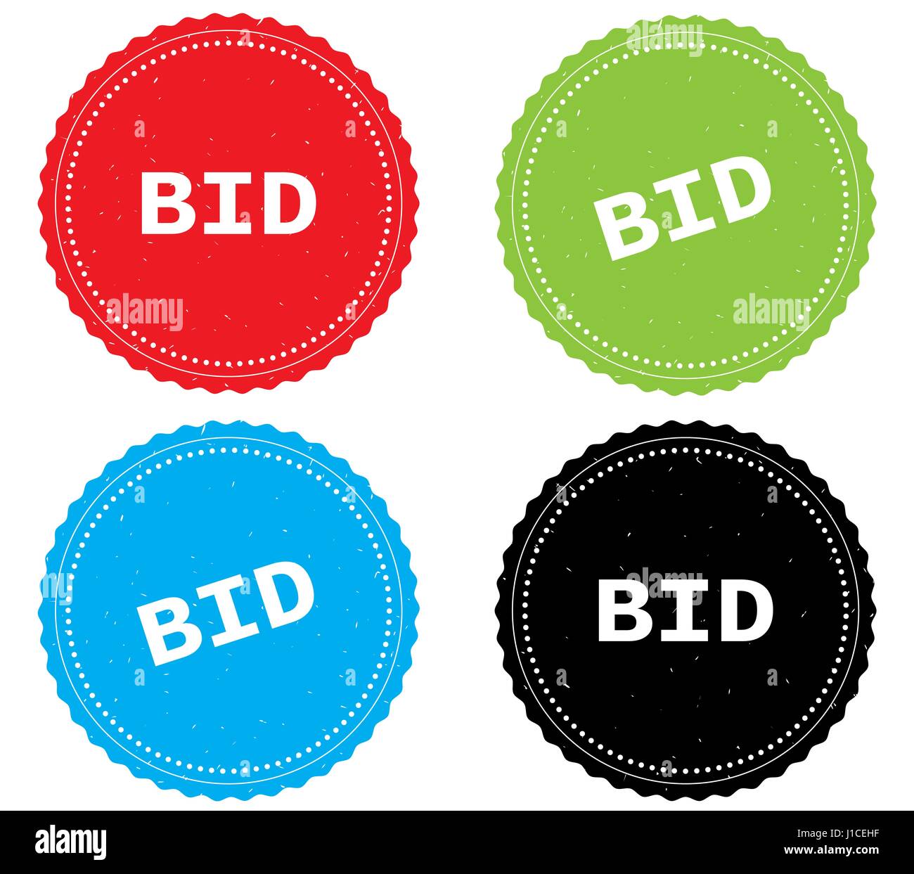 BID text, on round wavy border stamp badge, in color set Stock Photo ...