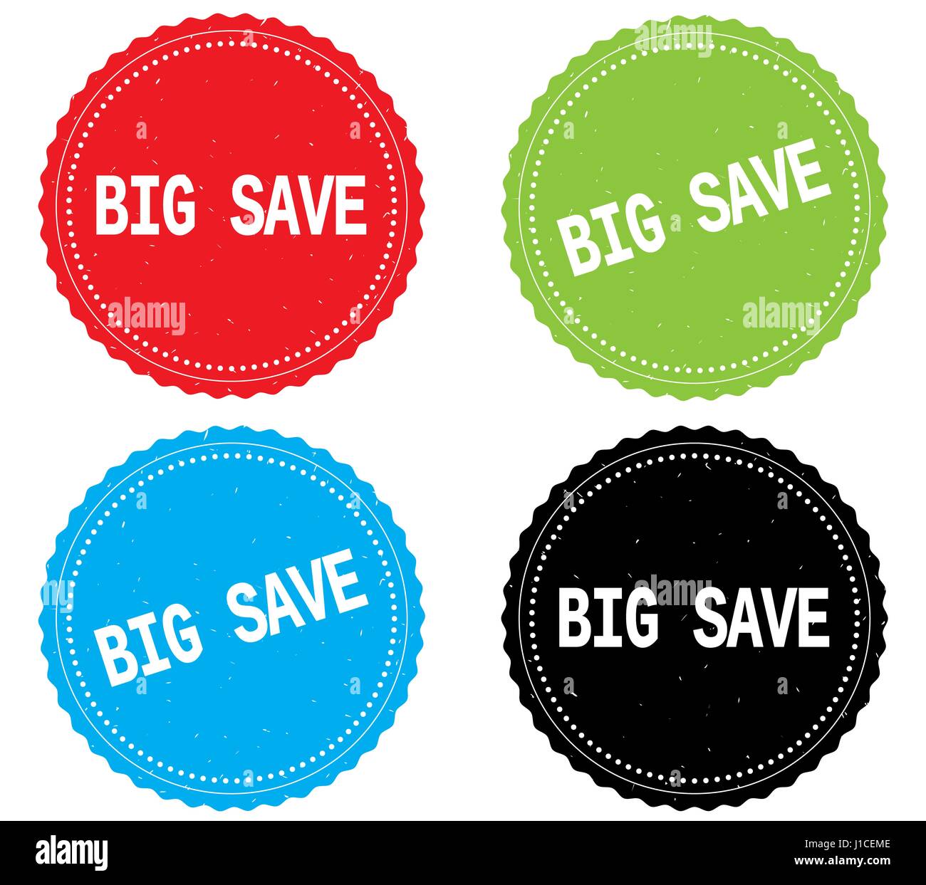 BIG SAVE text, on round wavy border stamp badge, in color set Stock ...