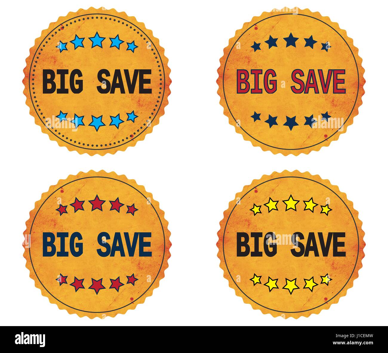BIG SAVE text, on round wavy border vintage stamp badge, in color set ...