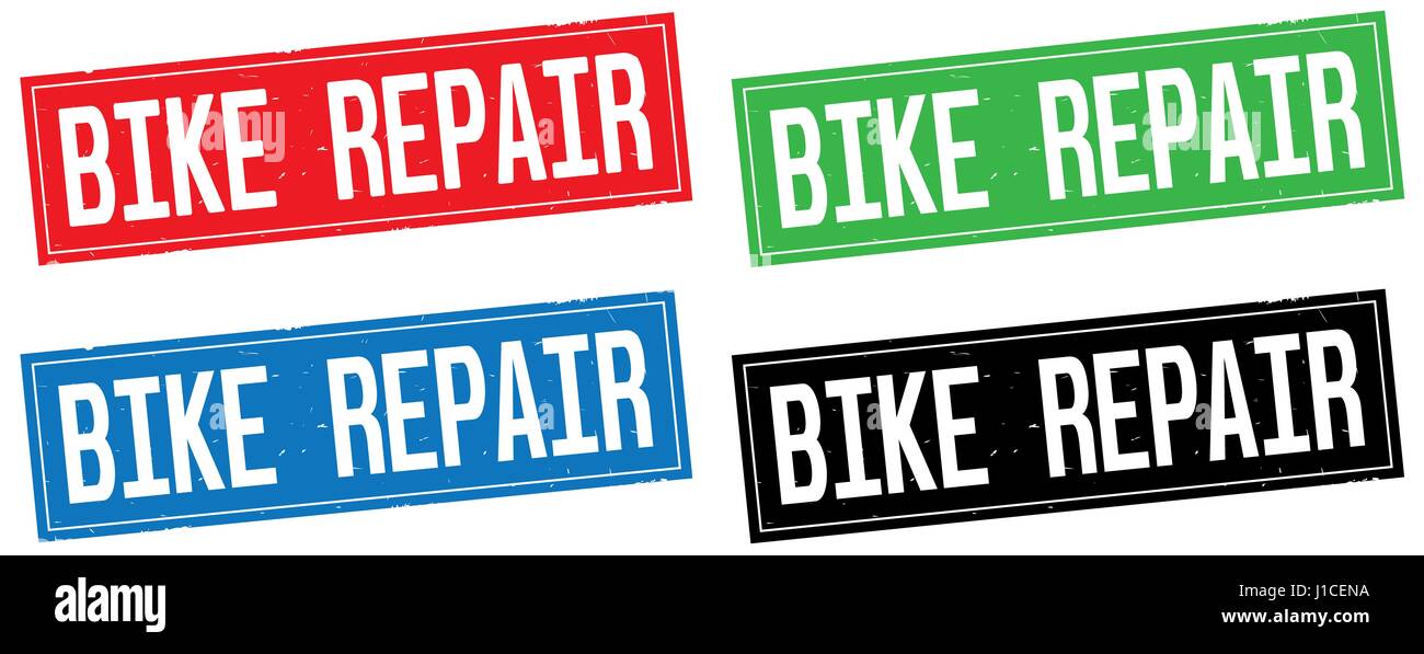 BIKE REPAIR text, on rectangle stamp sign, in color set Stock Photo - Alamy