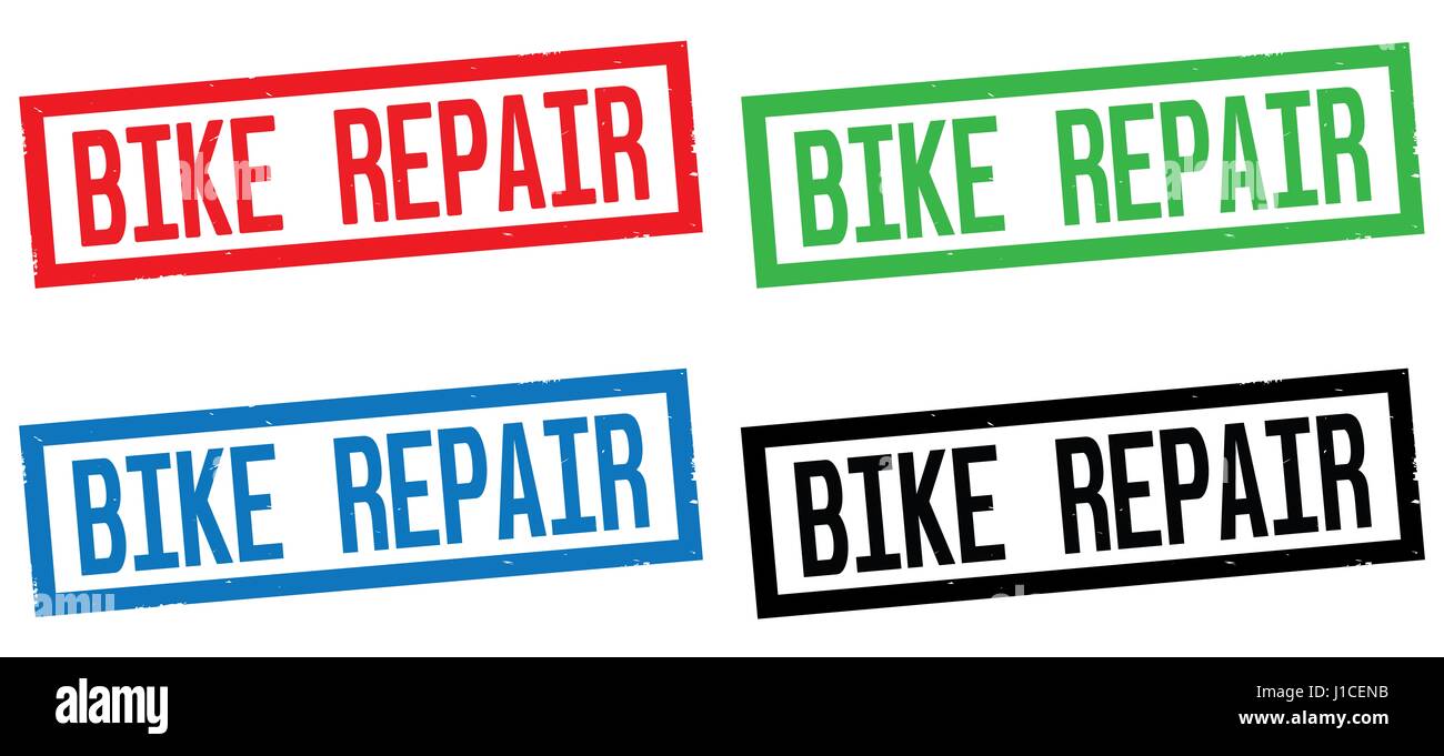 BIKE REPAIR text, on rectangle border stamp sign, in color set Stock ...