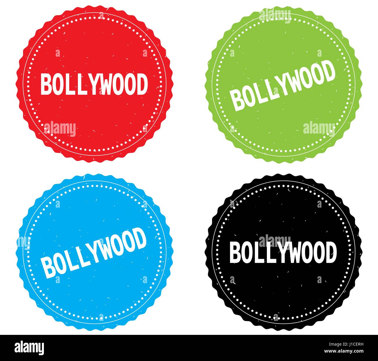 BOLLYWOOD text, on round wavy border stamp badge, in color set Stock ...