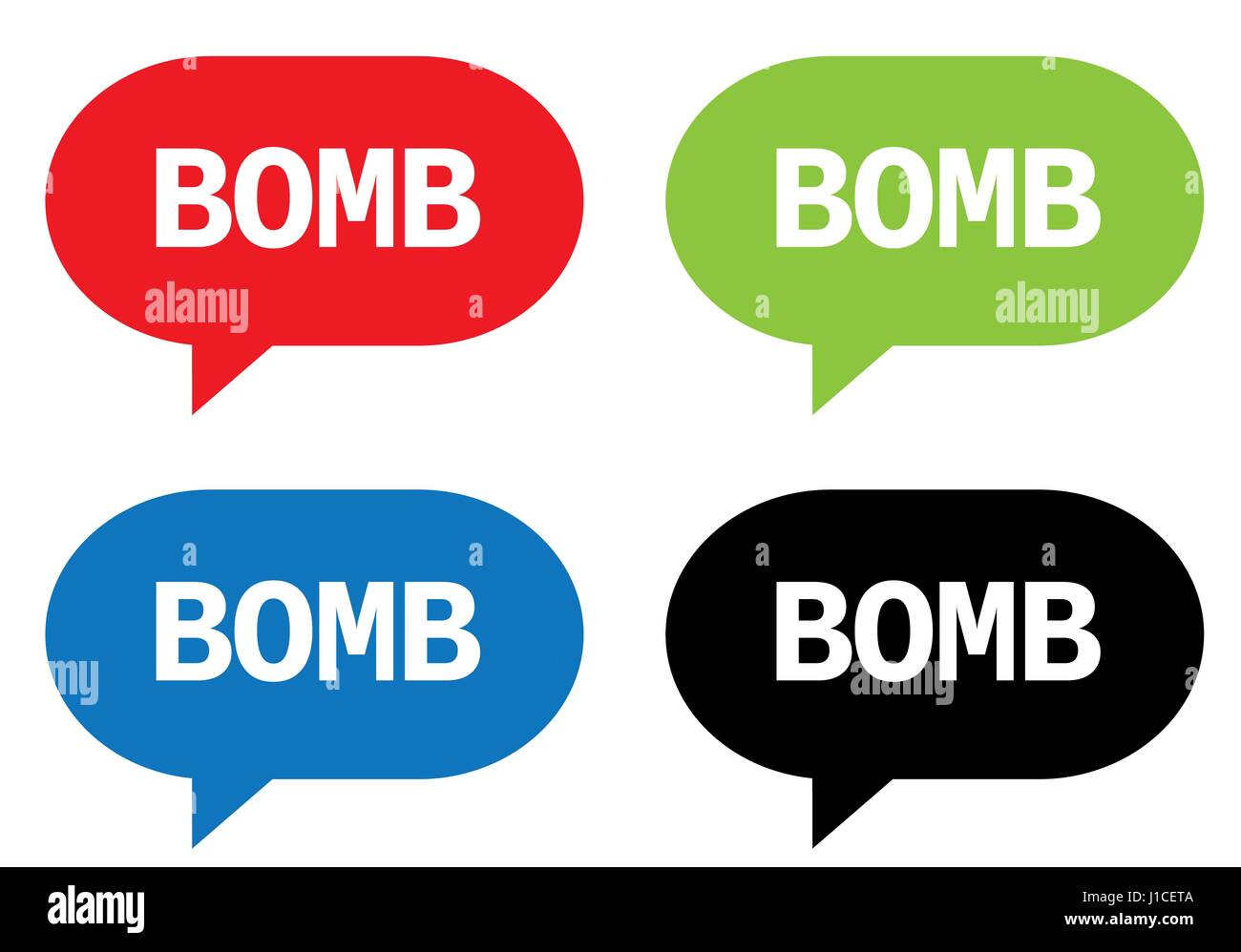 BOMB text, on rectangle speech bubble sign, in color set Stock Photo ...