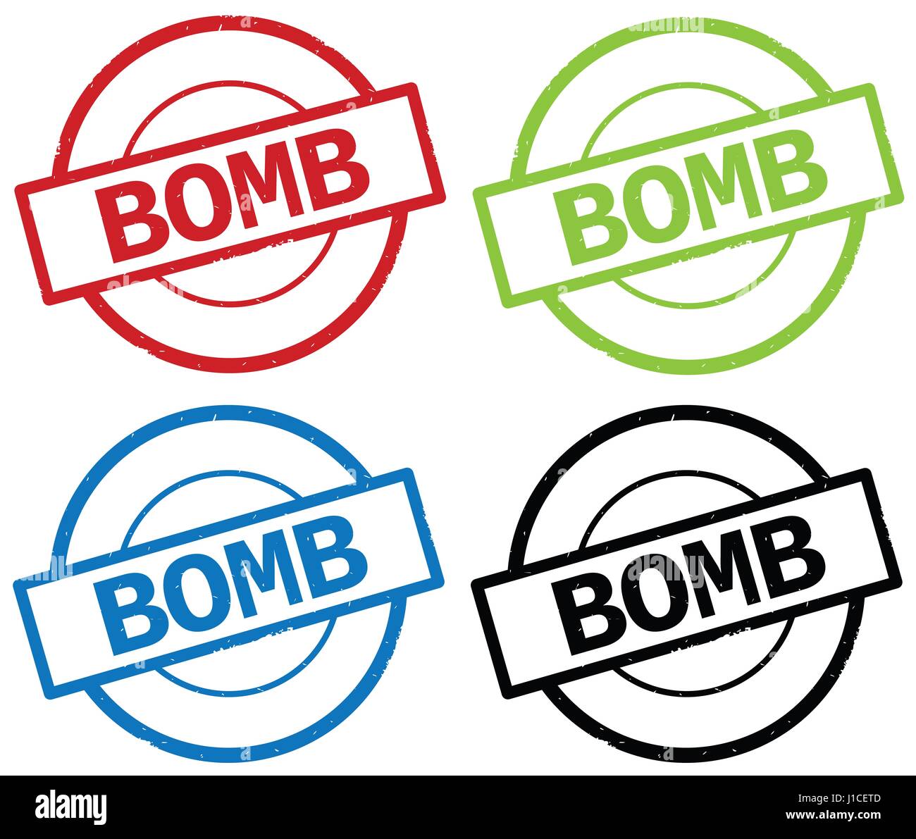 BOMB text, on round simple stamp sign, in color set Stock Photo - Alamy