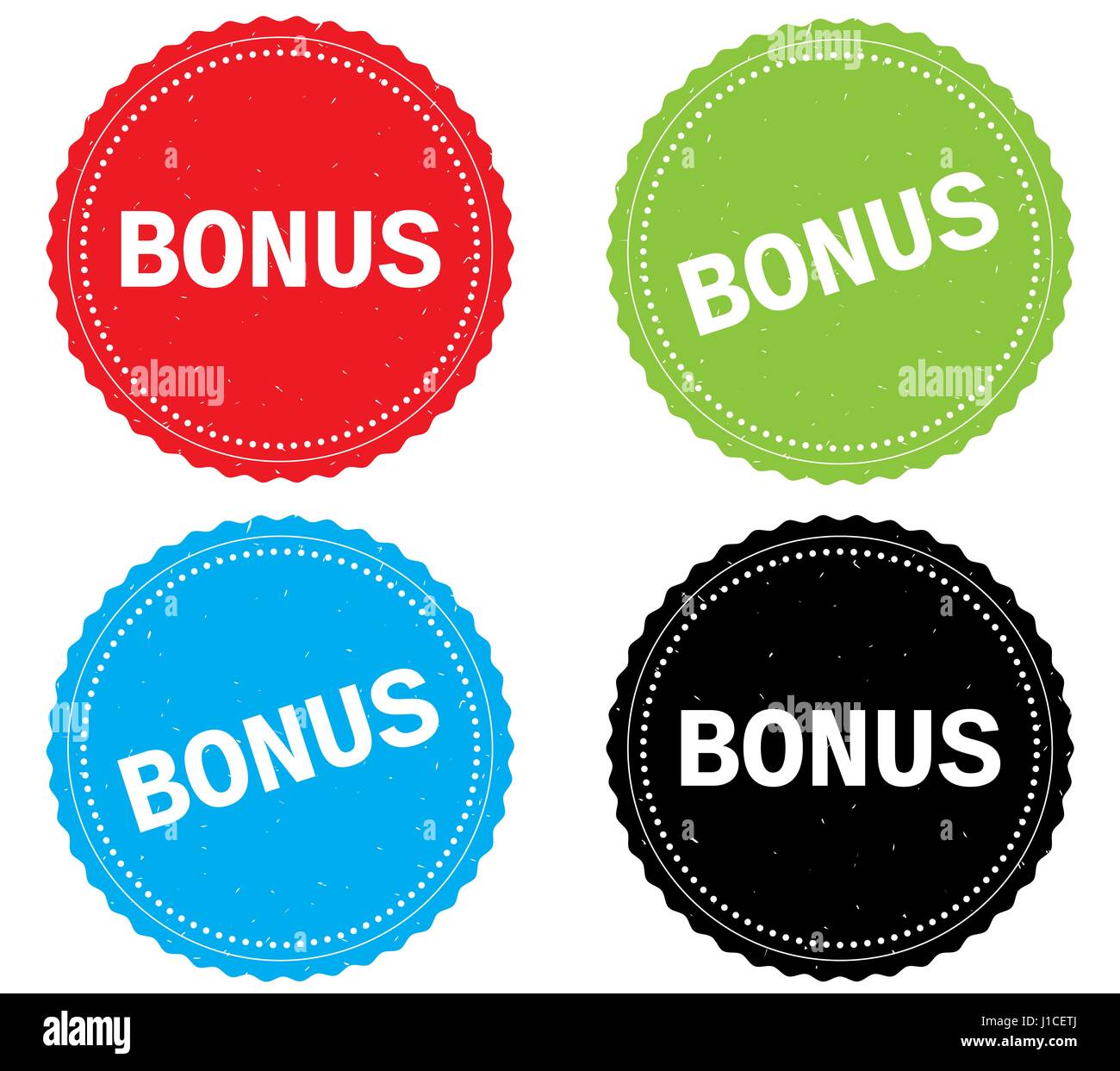BONUS text, on round wavy border stamp badge, in color set Stock Photo ...