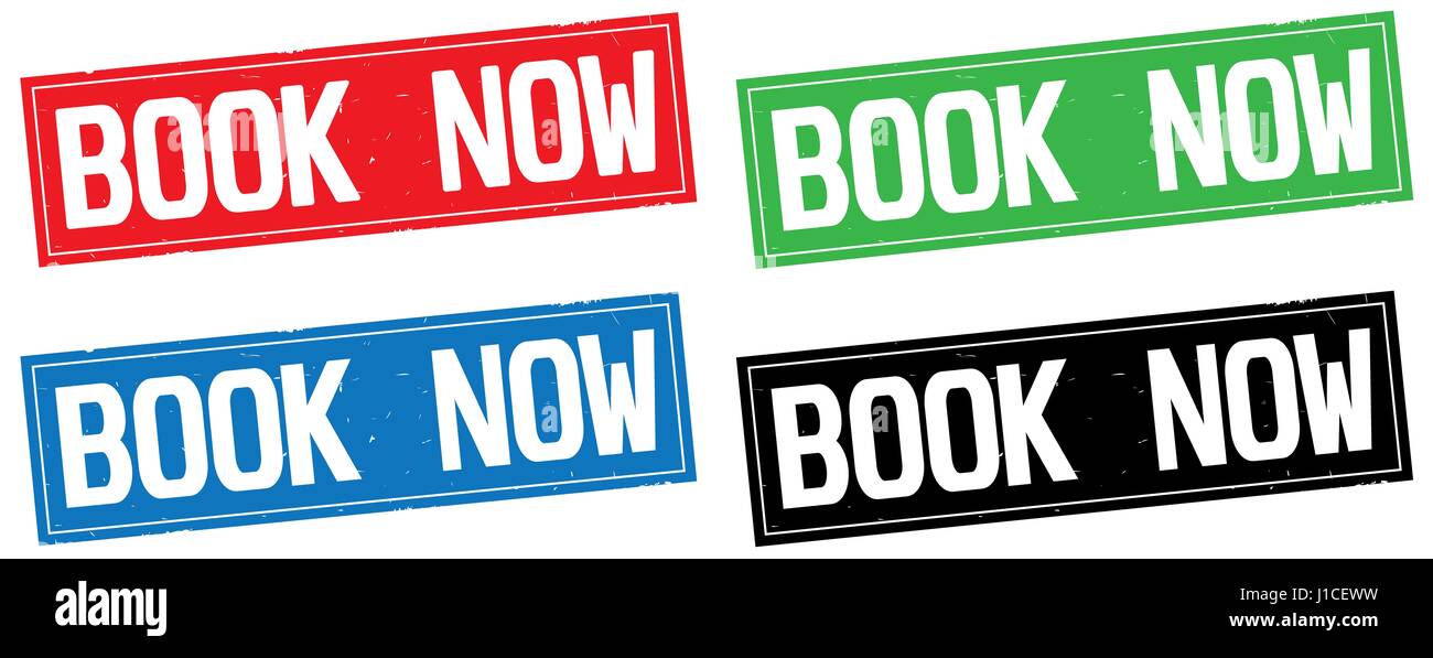 BOOK NOW text, on rectangle stamp sign, in color set Stock Photo - Alamy