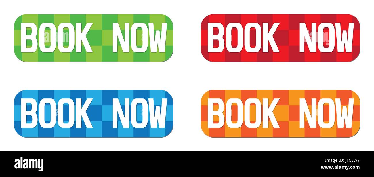BOOK NOW text, on rectangle, zig zag pattern stamp sign, in color set ...
