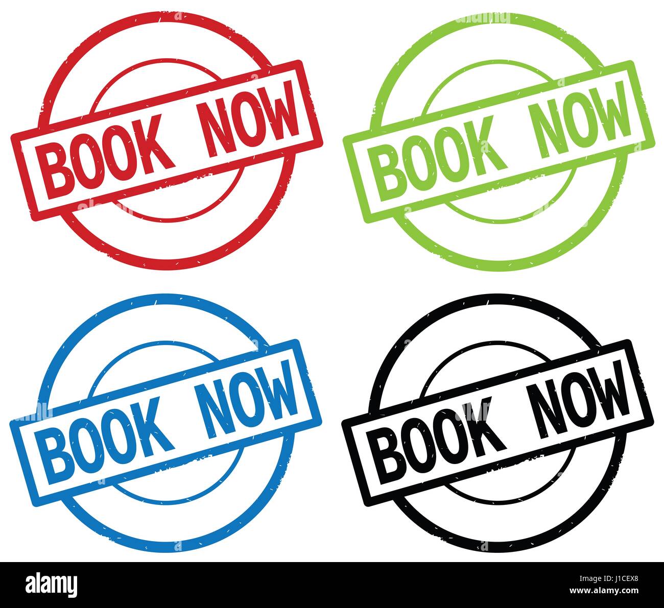 BOOK NOW text, on round simple stamp sign, in color set Stock Photo - Alamy