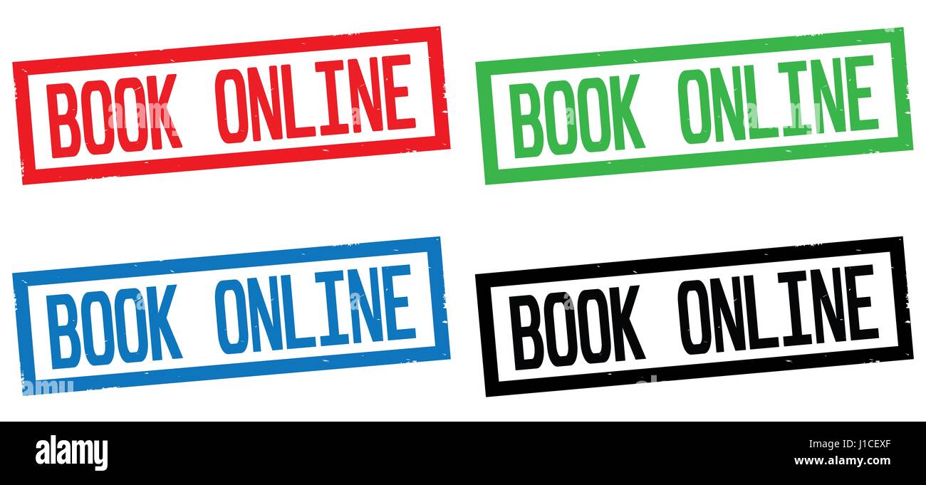 BOOK ONLINE text, on rectangle border stamp sign, in color set Stock ...