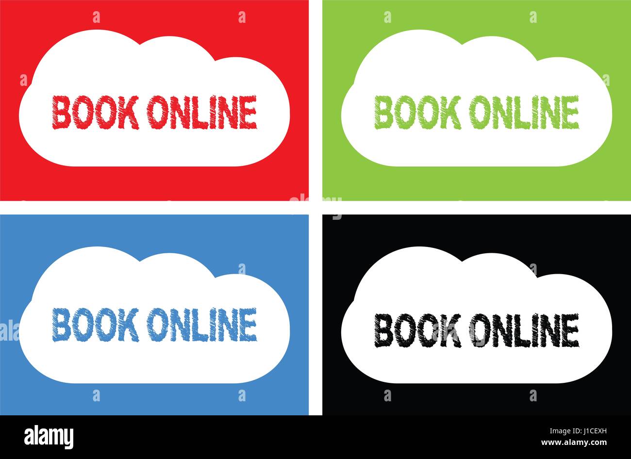 BOOK ONLINE text, on cloud bubble sign, in color set Stock Photo - Alamy