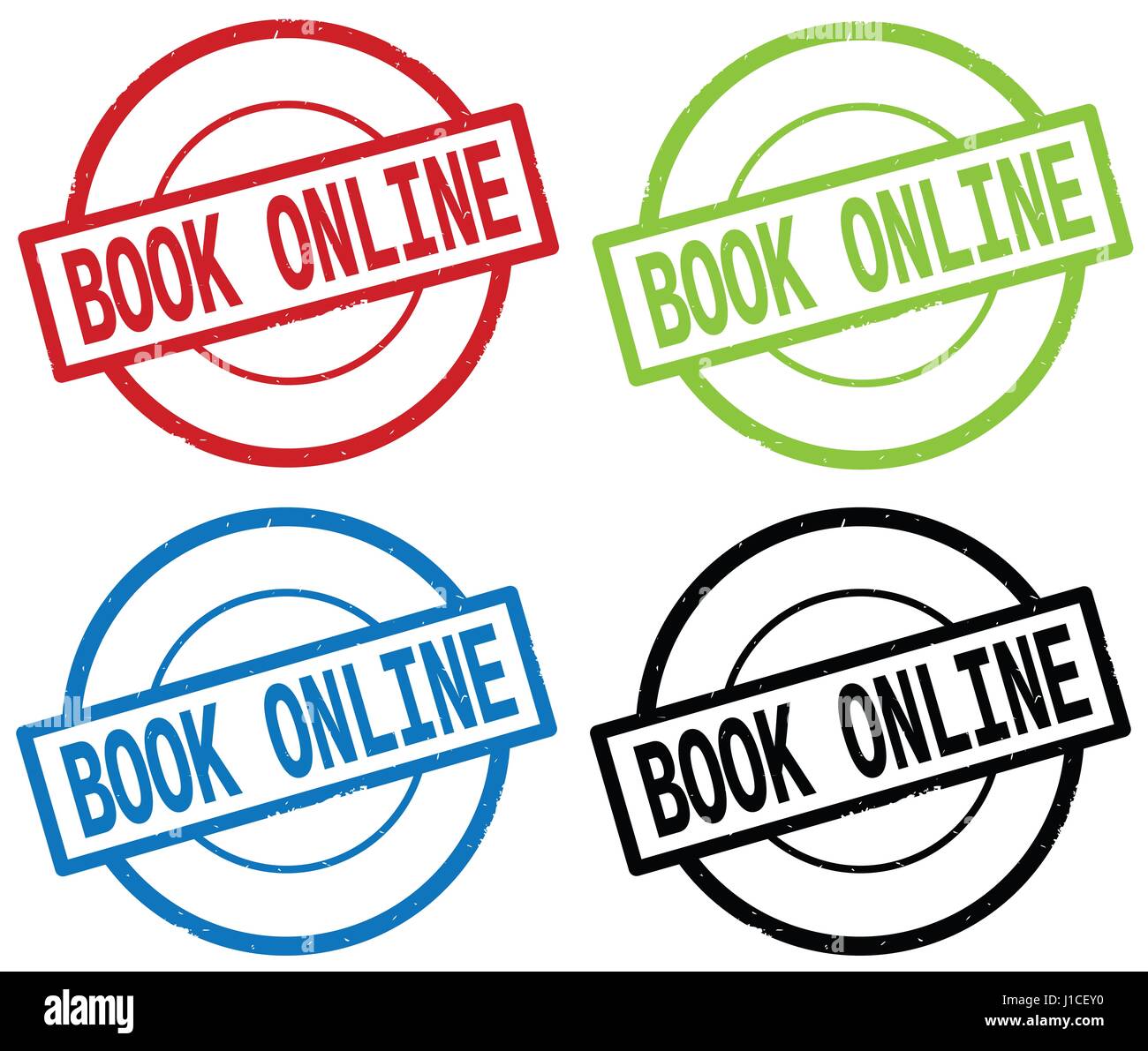 BOOK ONLINE text, on round simple stamp sign, in color set Stock Photo ...