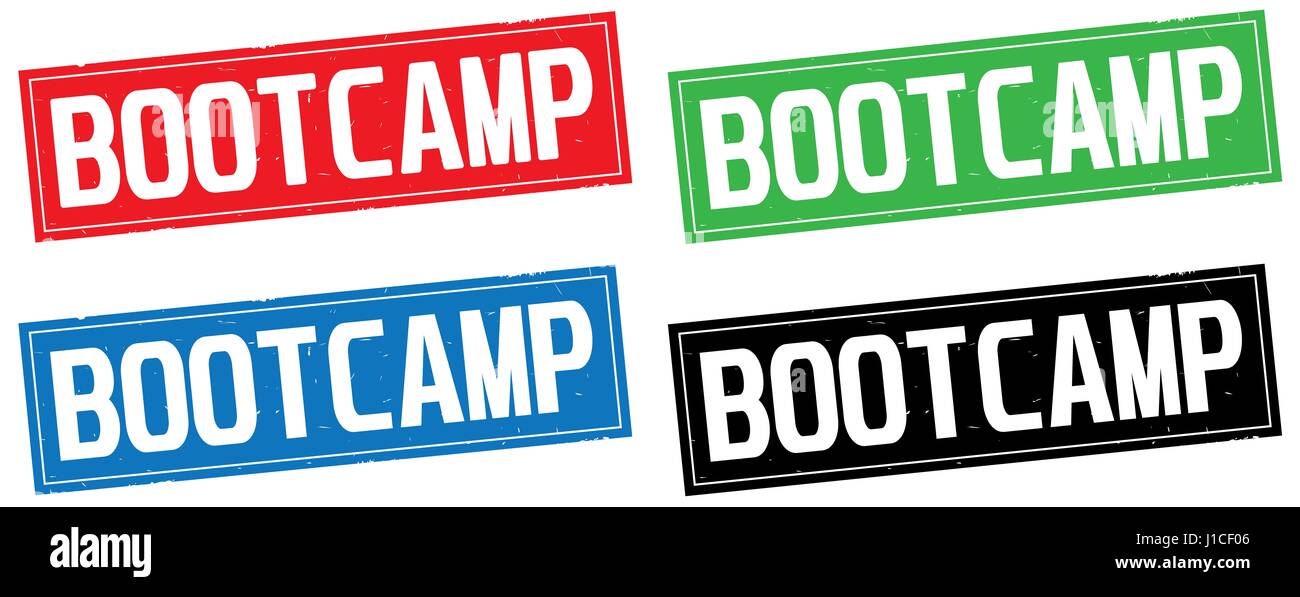 BOOTCAMP text, on rectangle stamp sign, in color set Stock Photo - Alamy