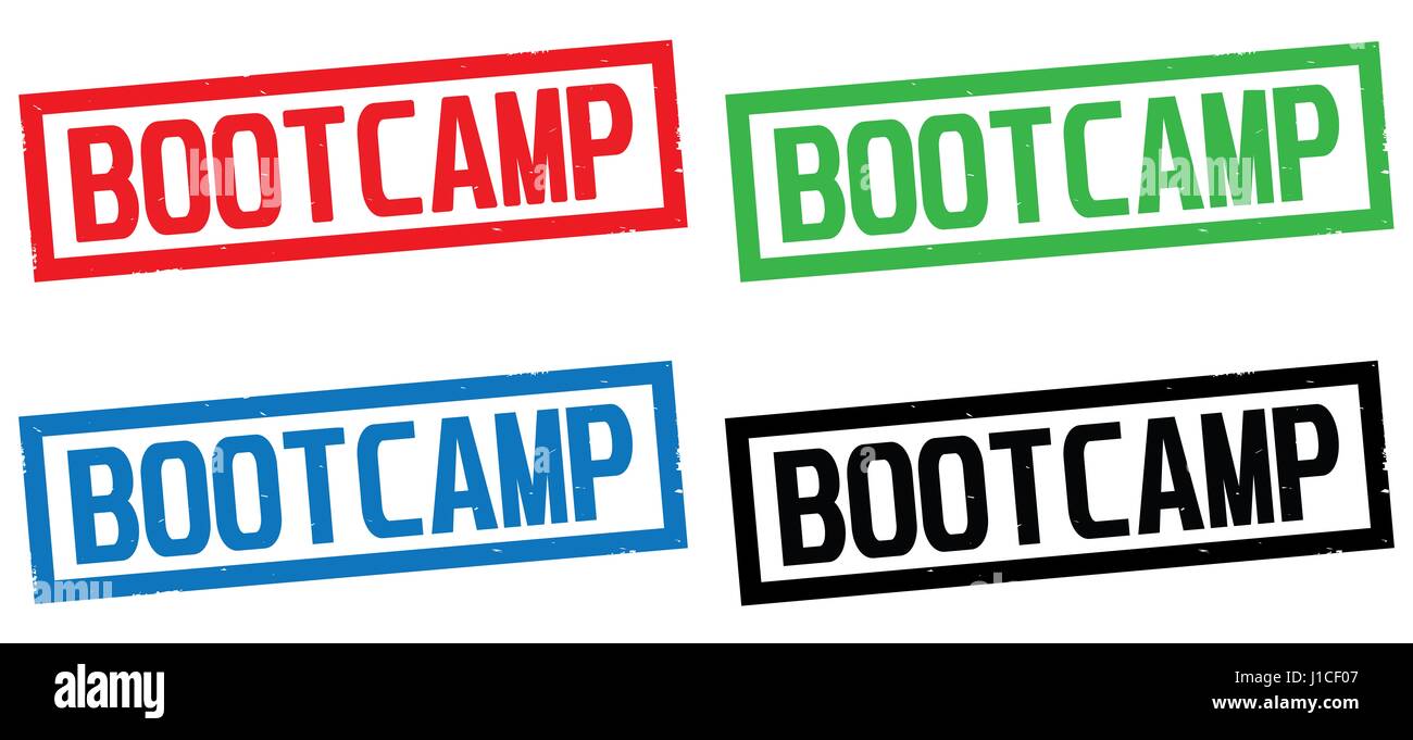 BOOTCAMP text, on rectangle border stamp sign, in color set Stock Photo ...