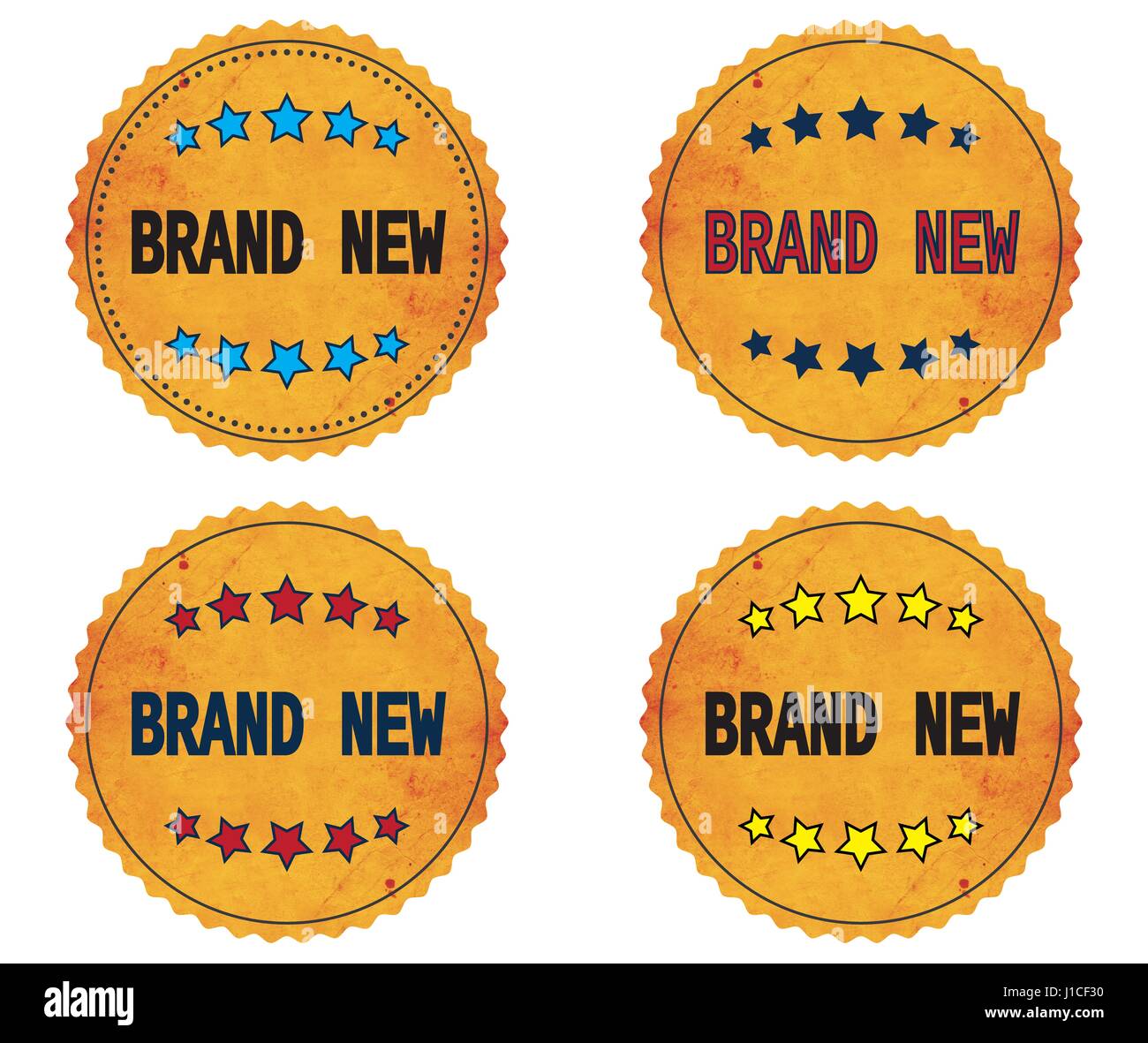 BRAND NEW text, on round wavy border vintage stamp badge, in color set ...