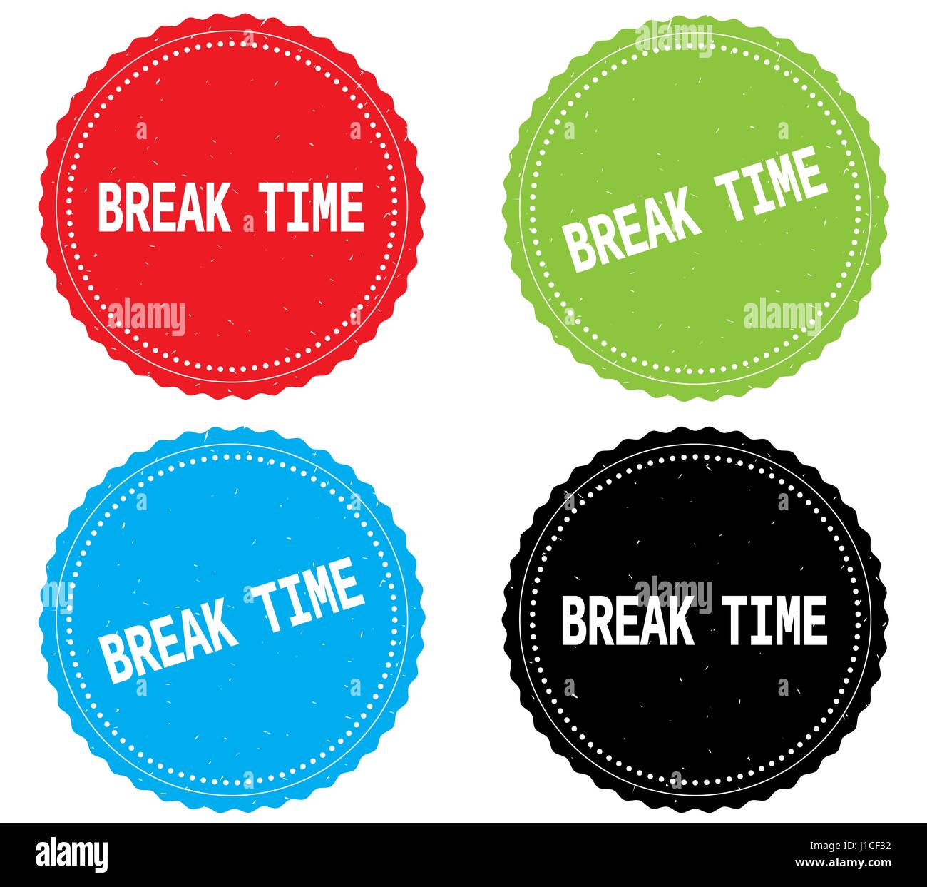 BREAK TIME text, on round wavy border stamp badge, in color set Stock ...