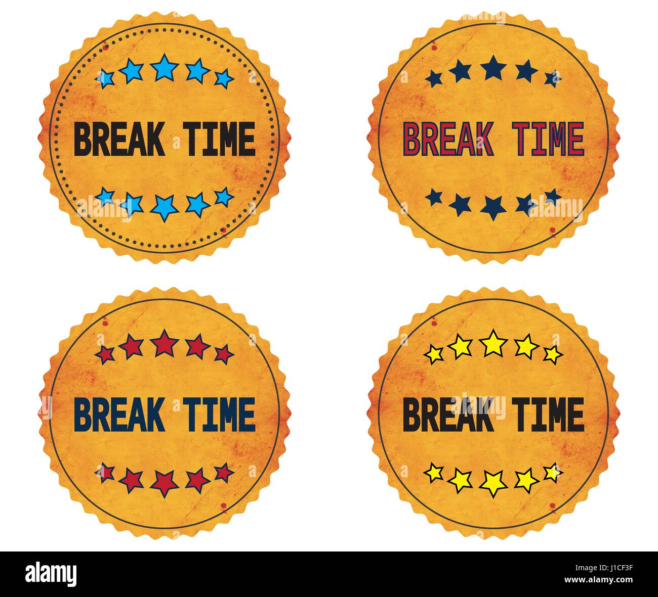 BREAK TIME text, on round wavy border vintage stamp badge, in color set ...