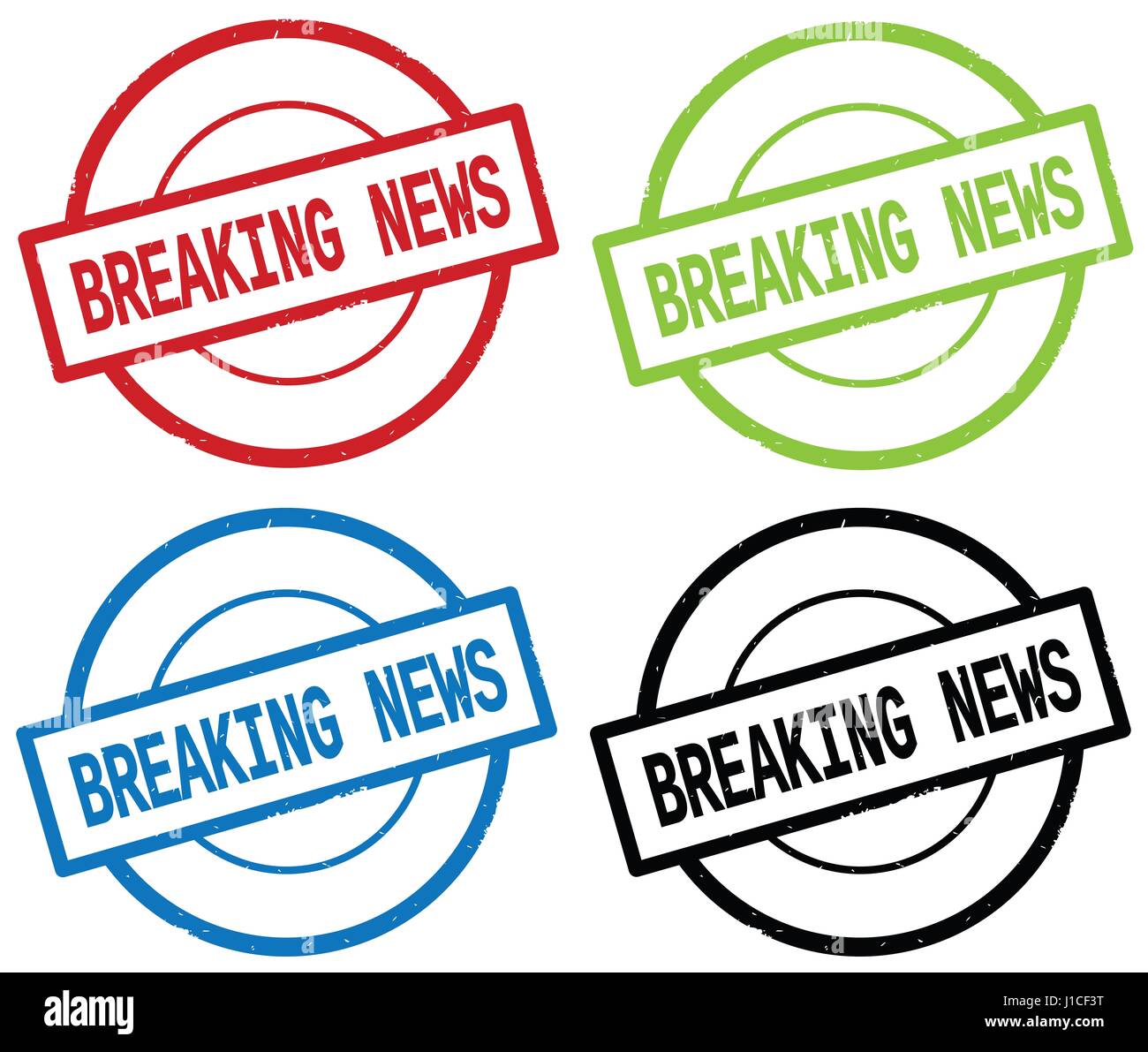 BREAKING NEWS text, on round simple stamp sign, in color set Stock ...