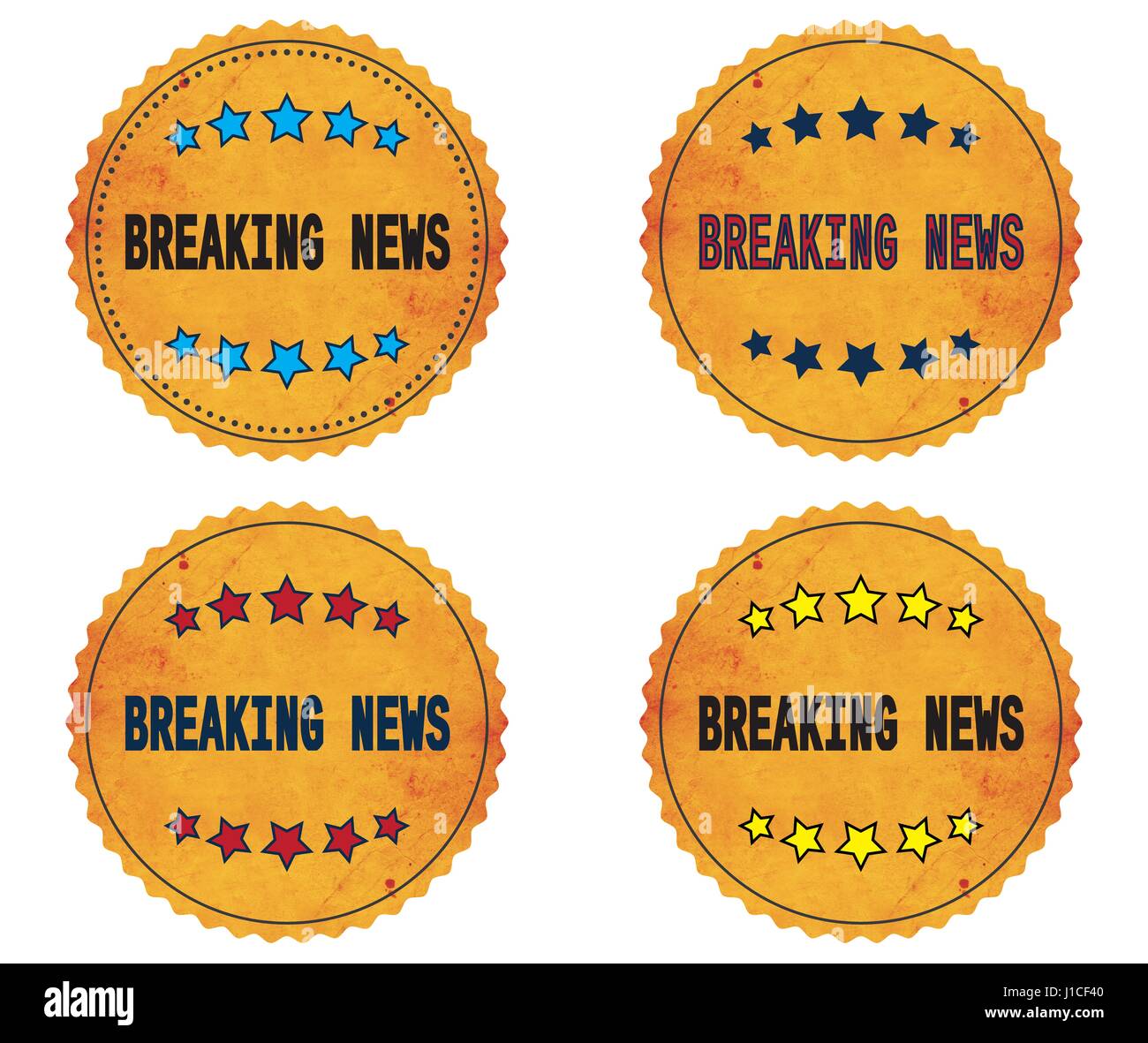 BREAKING NEWS text, on round wavy border vintage stamp badge, in color ...