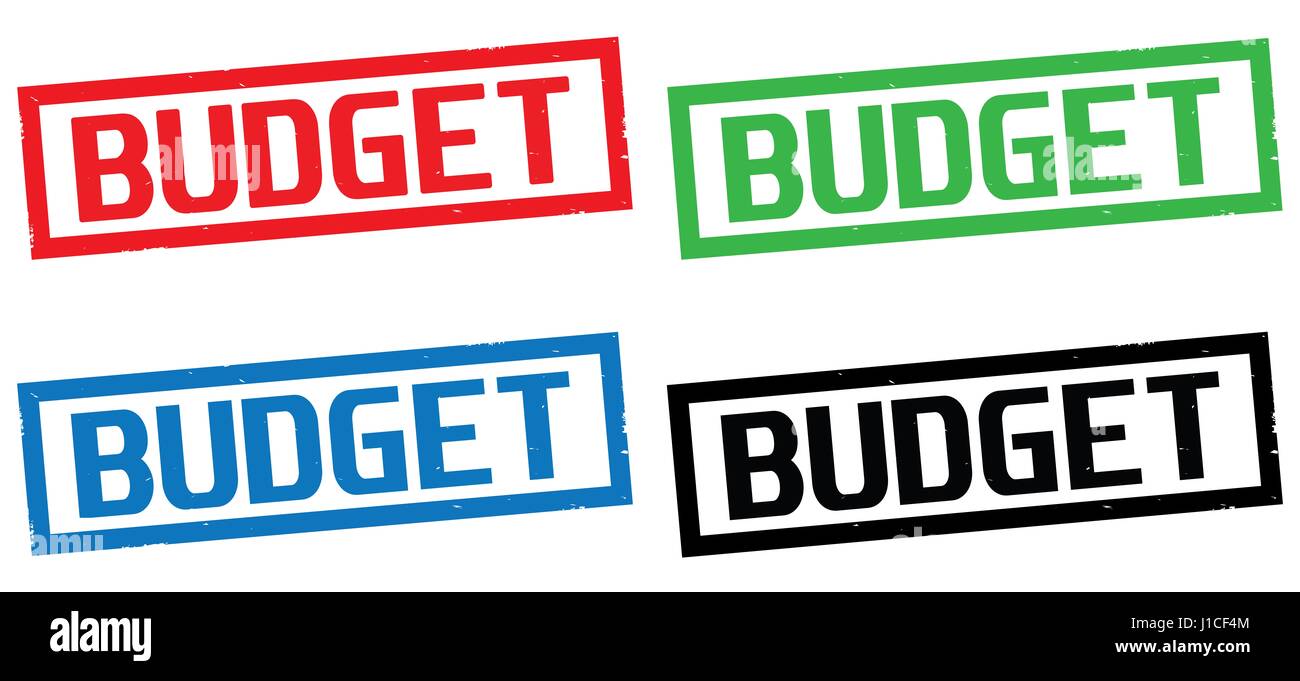 BUDGET text, on rectangle border stamp sign, in color set Stock Photo ...