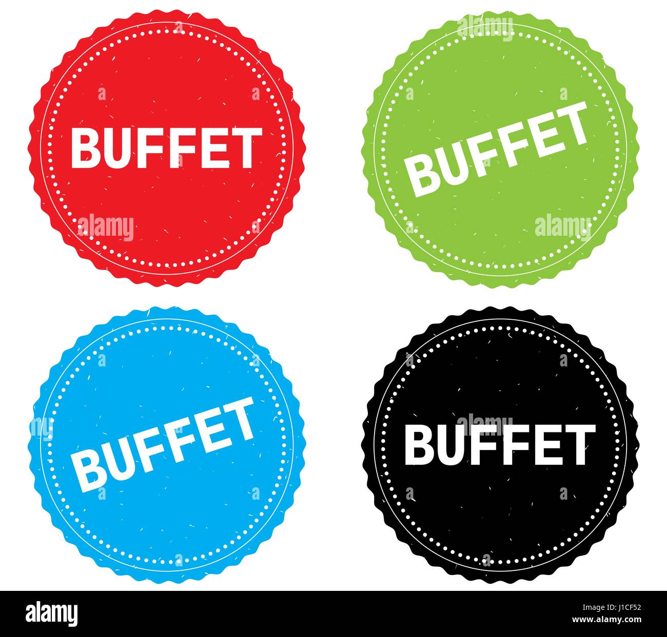 BUFFET text, on round wavy border stamp badge, in color set Stock Photo ...