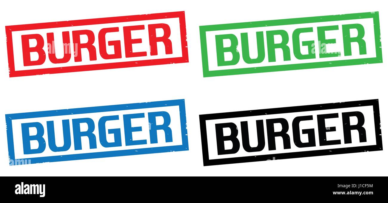 BURGER text, on rectangle border stamp sign, in color set Stock Photo ...