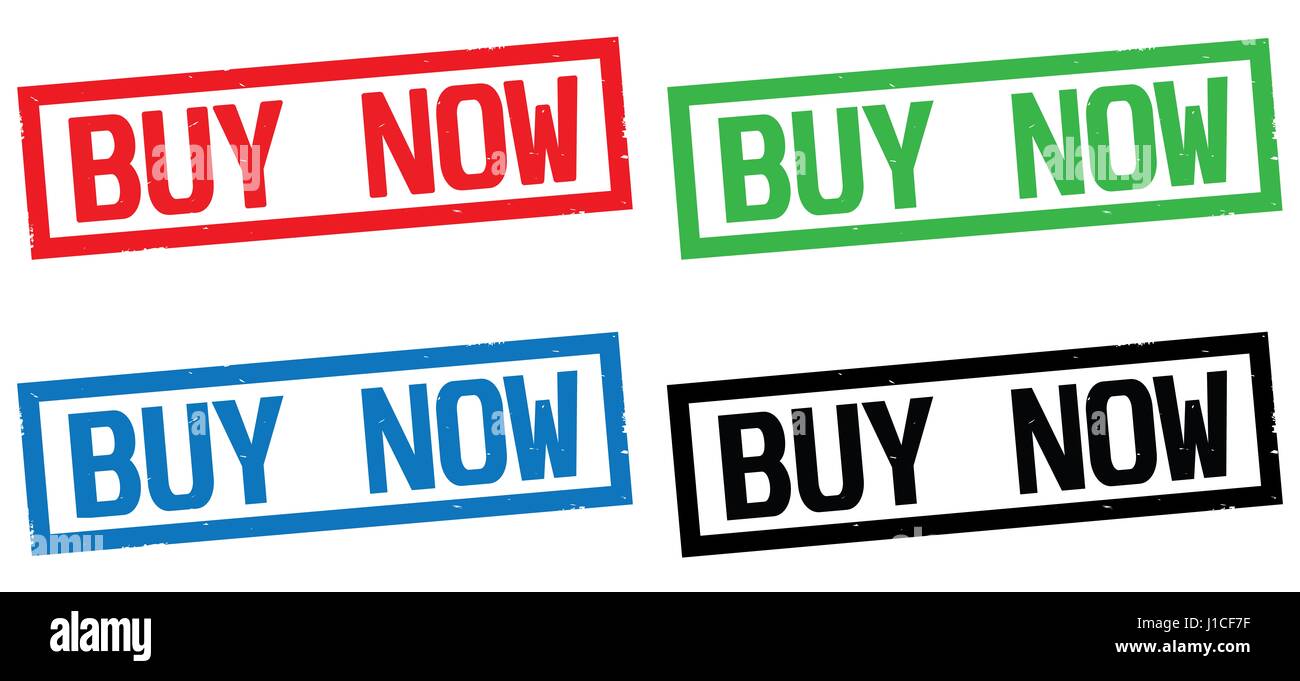 BUY NOW text, on rectangle border stamp sign, in color set Stock Photo ...