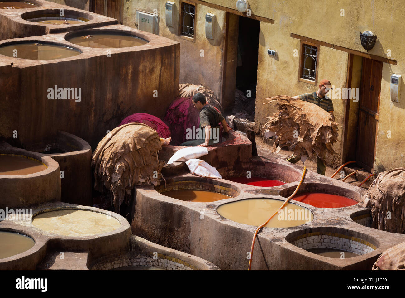 Fes, Morocco - February 28, 2017: Traditional processing leather ...