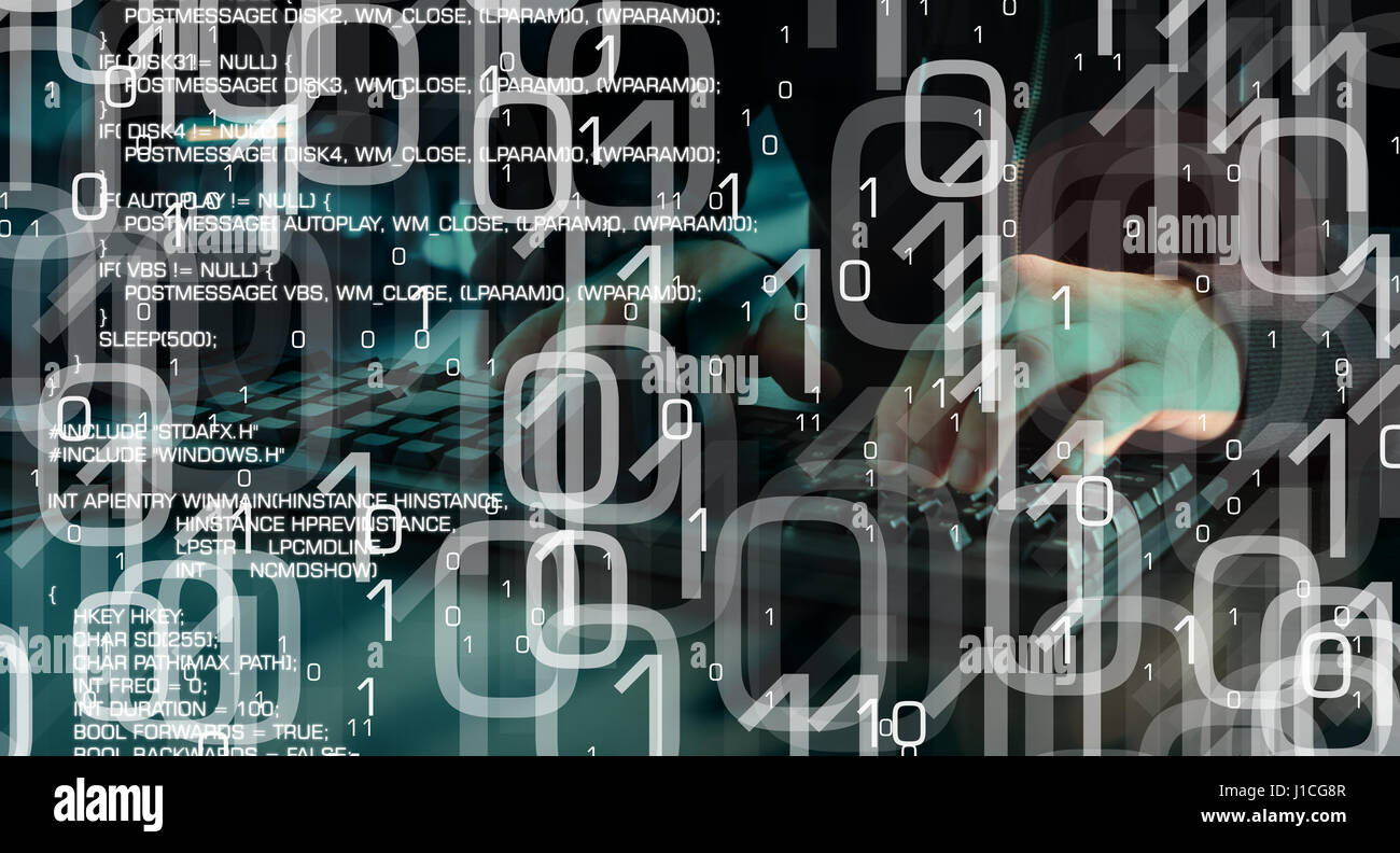 Hacker coding trojan virus, cyberwarfare Stock Photo - Alamy