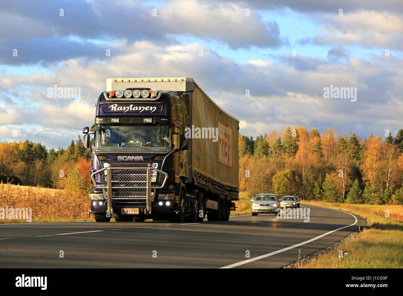 SALO, FINLAND - OCTOBER 7, 2016: Purple Scania R500 semi truck of JR ...
