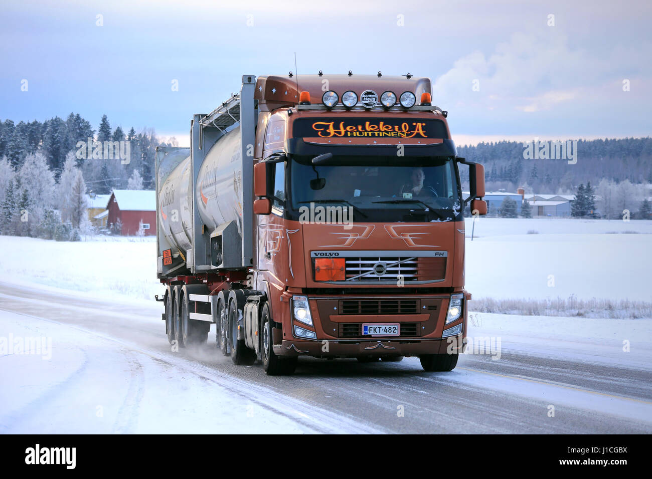 SALO, FINLAND - JANUARY 16, 2016: Volvo FH silo transport truck moves ...