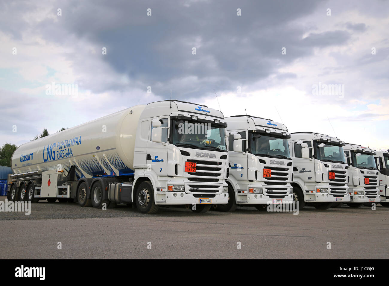 RAJAMAKI, FINLAND - JULY 2, 2016: Fleet of white Scania R480 semi tank ...