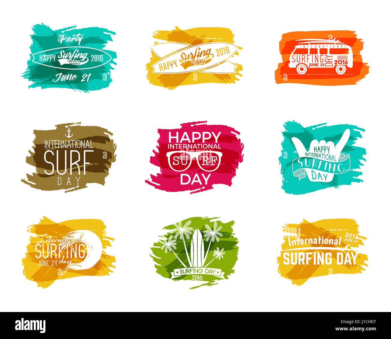 Summer surfing day graphic elements. Vacation typography emblems set ...
