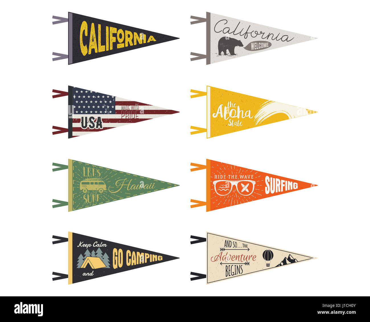 Set of adventure pennants. Pennant explore flags design. Vintage surf ...