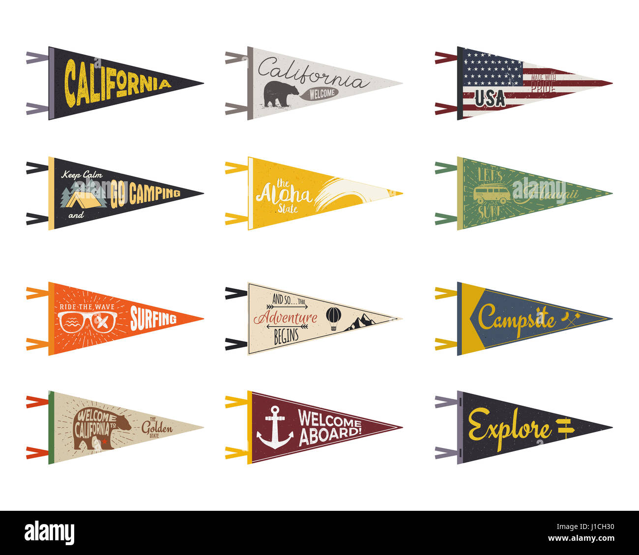 Set of adventure pennants. Pennant explore flags design. Vintage surf ...