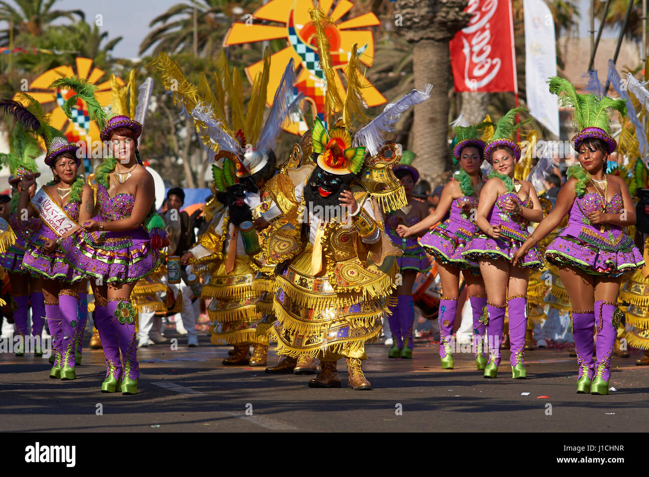 Morenada dancers in traditional Andean costume performing at the annual ...