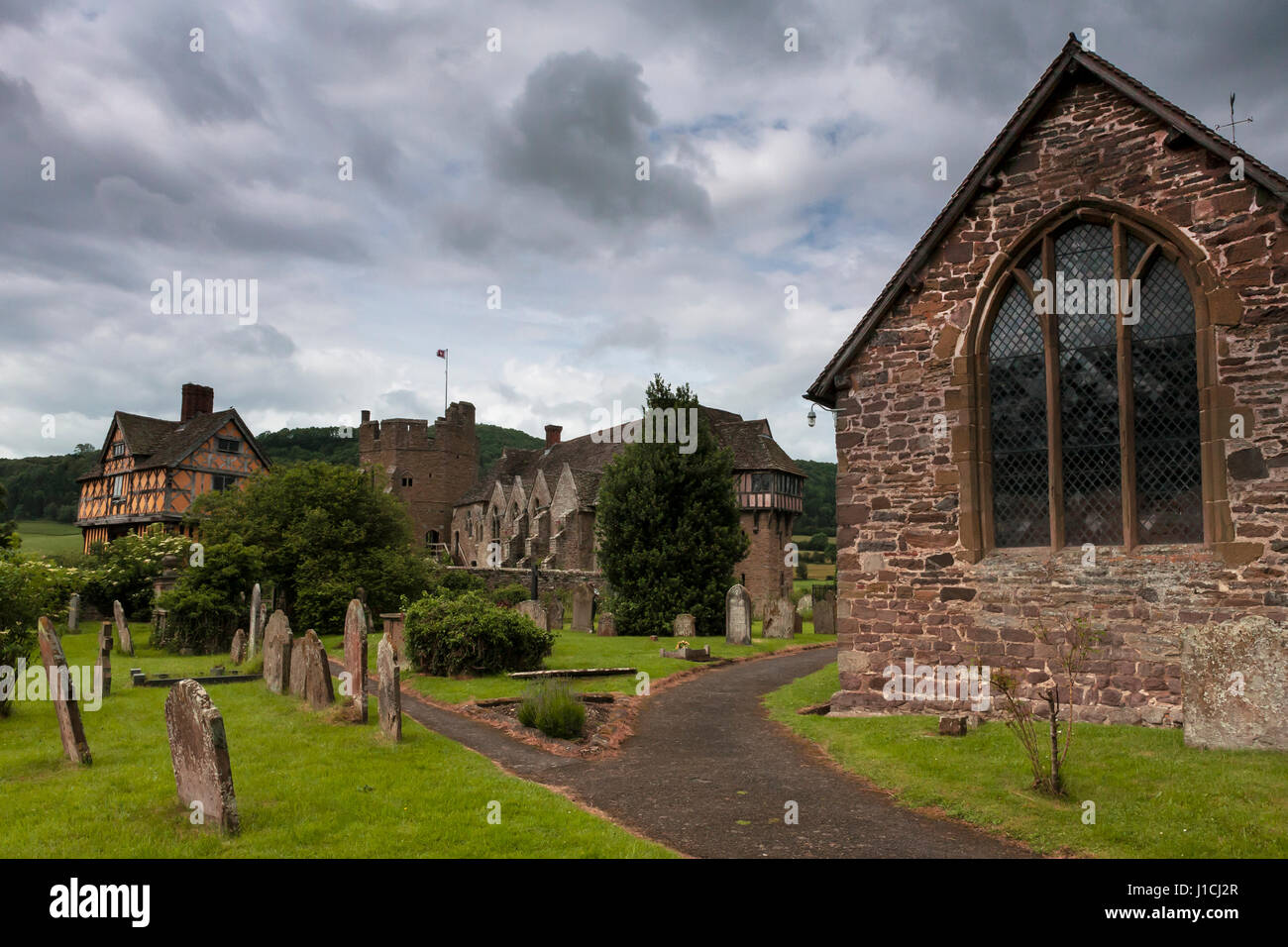 Medieval fortified manor of Stokesay Castle, and in the foreground the ...