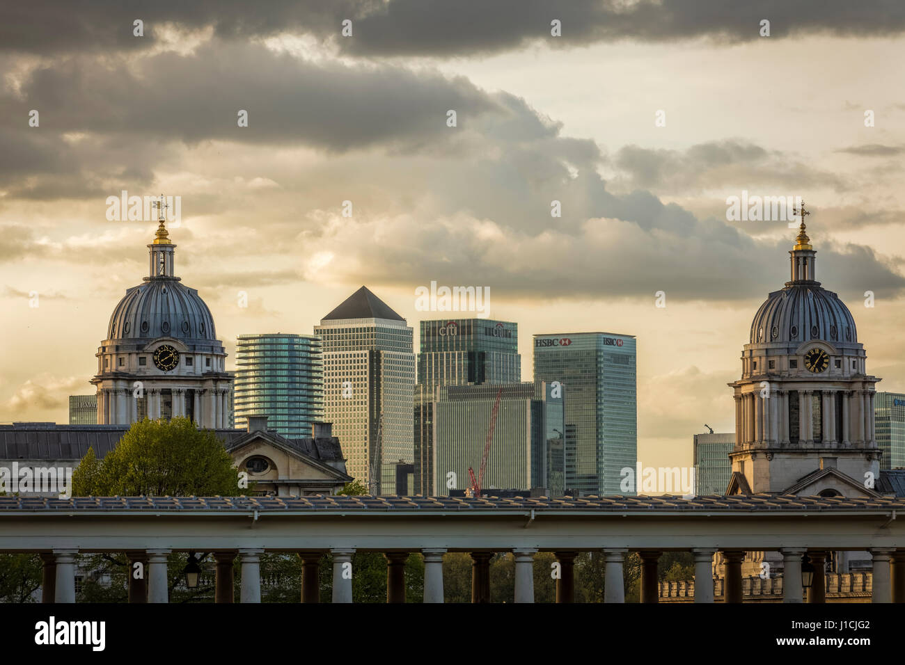 Two Wren Domes of Royal Naval College and Canary Wharf Stock Photo - Alamy
