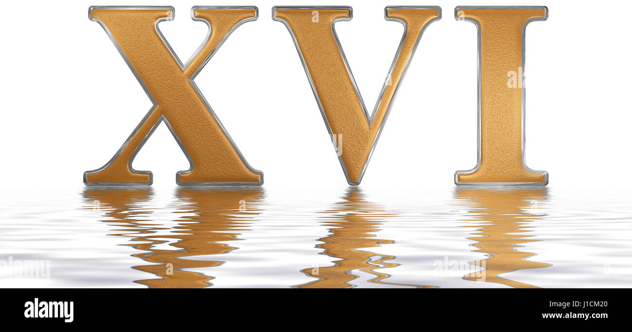 Roman numeral XVI, sedecim, 16, sixteen,, reflected on the water ...