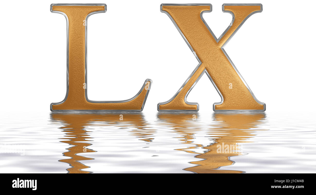 Roman numeral LX, sexaginta, 60, sixty, reflected on the water surface ...