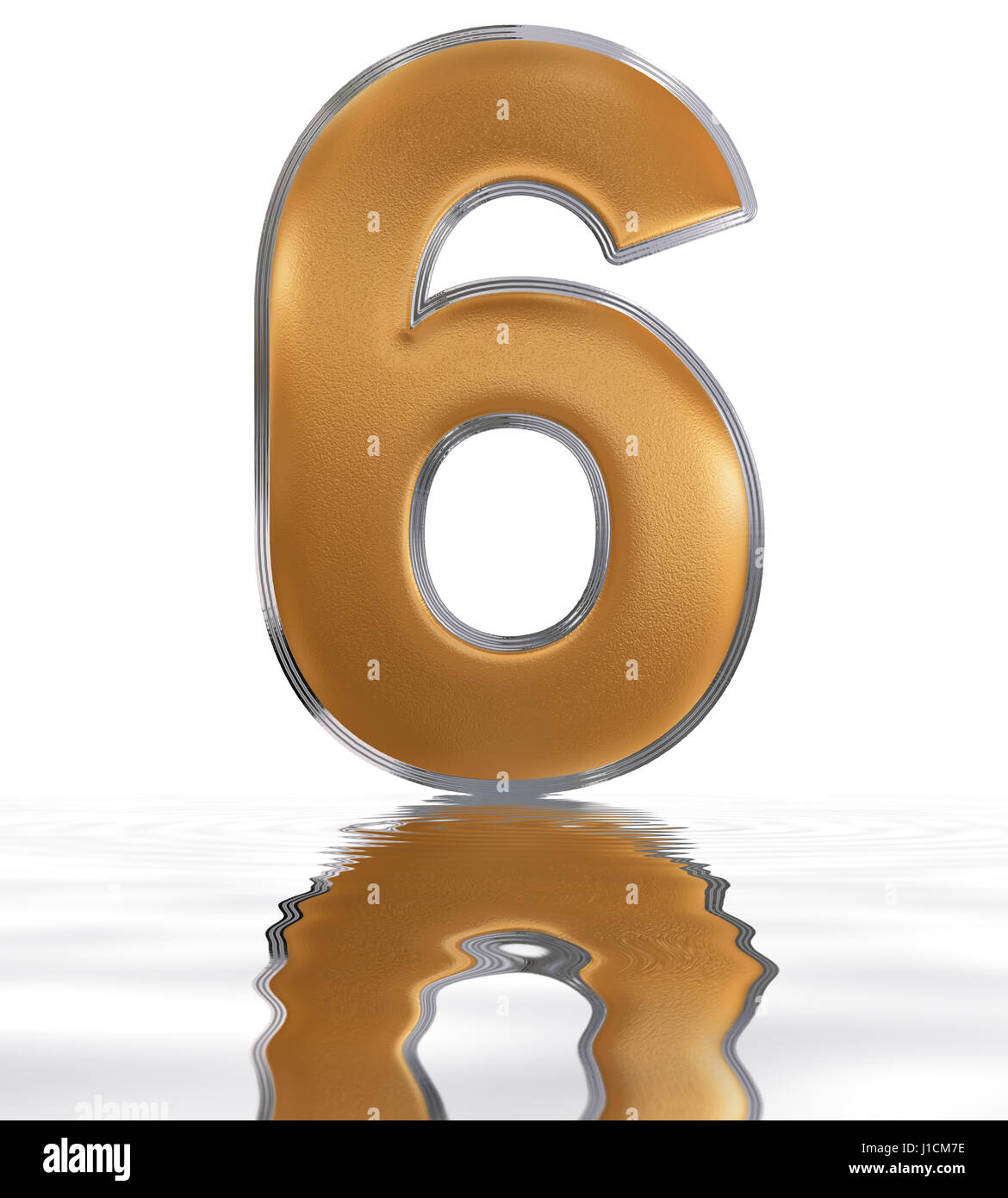 Numeral 6, six, reflected on the water surface, isolated on white, 3d ...
