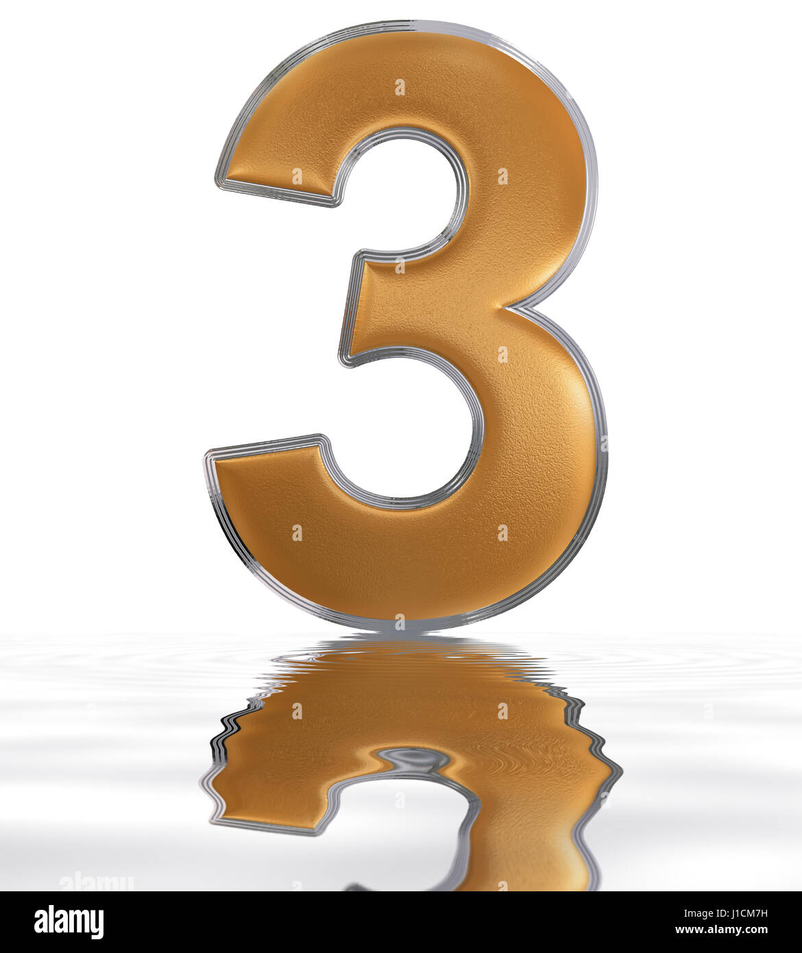 Numeral 3, three, reflected on the water surface, isolated on white, 3d ...