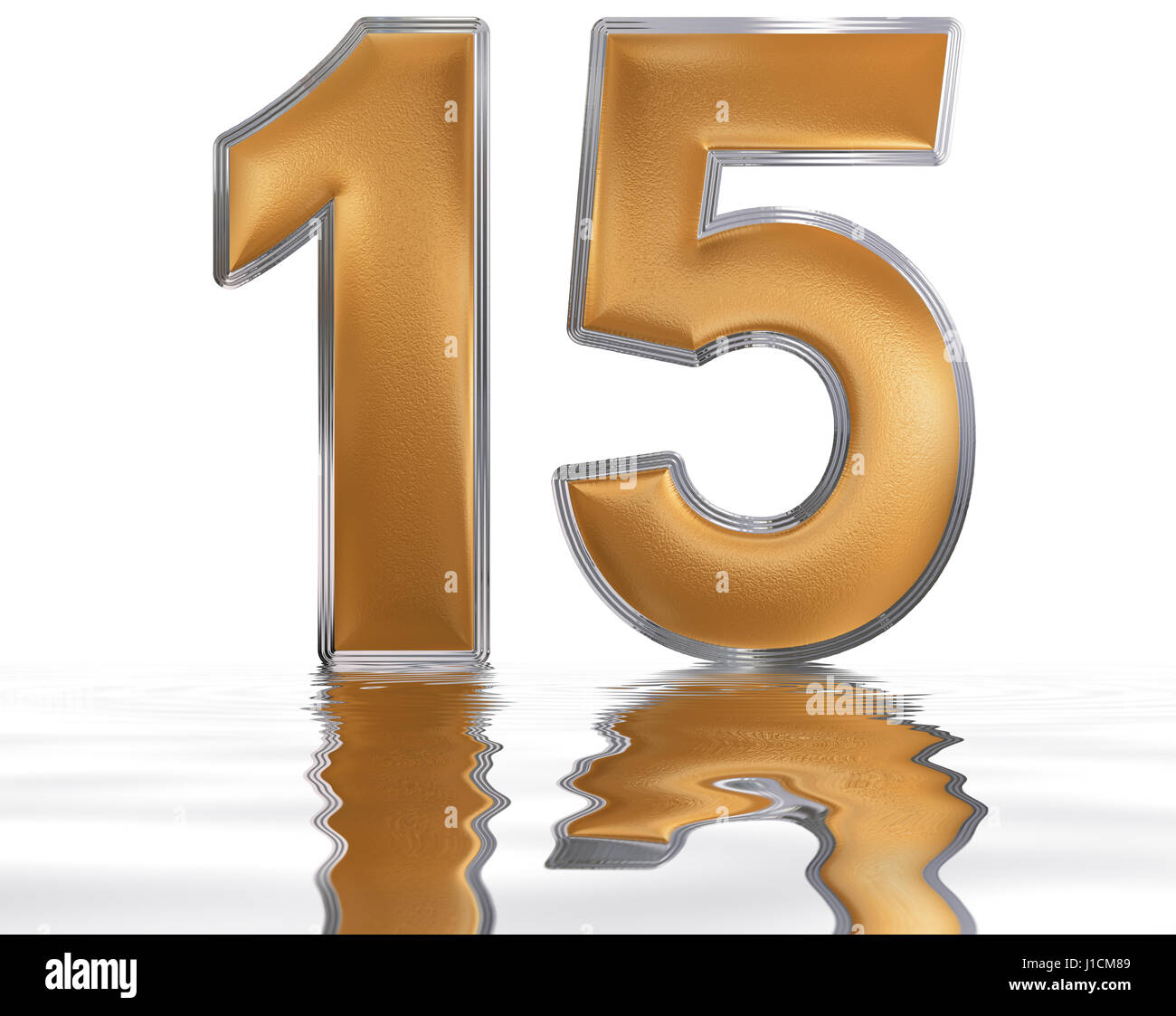 Numeral 15, fifteen, reflected on the water surface, isolated on white ...
