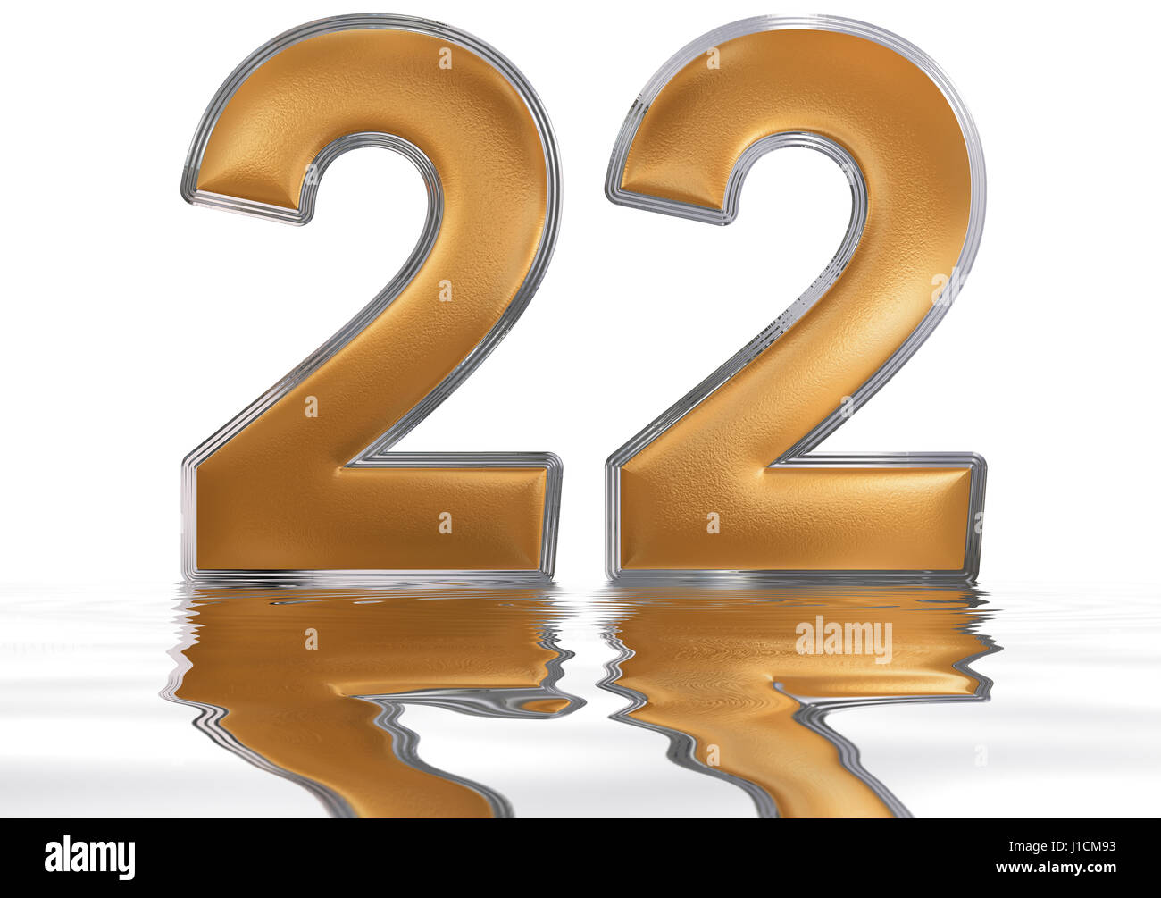 Numeral 22, twenty two, reflected on the water surface, isolated on ...