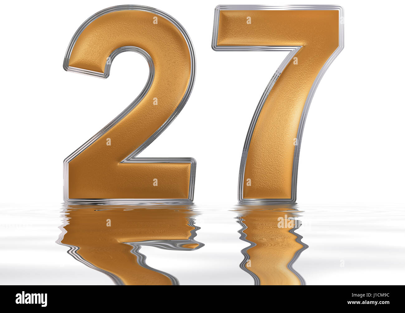 Numeral 27, twenty seven, reflected on the water surface, isolated on ...