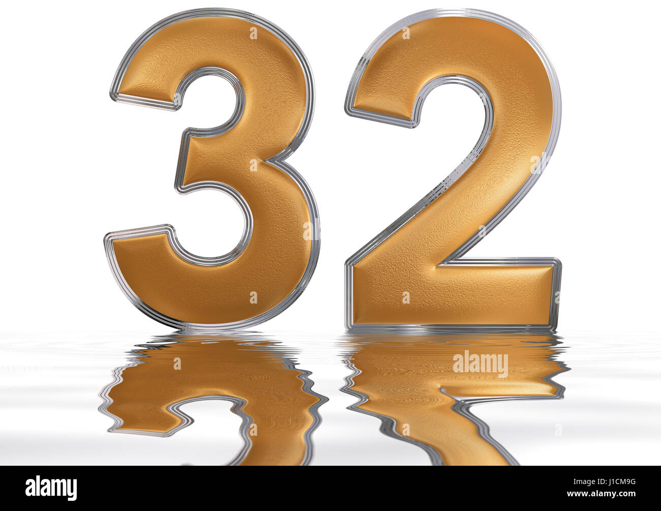 Numeral 32, thirty two, reflected on the water surface, isolated on ...