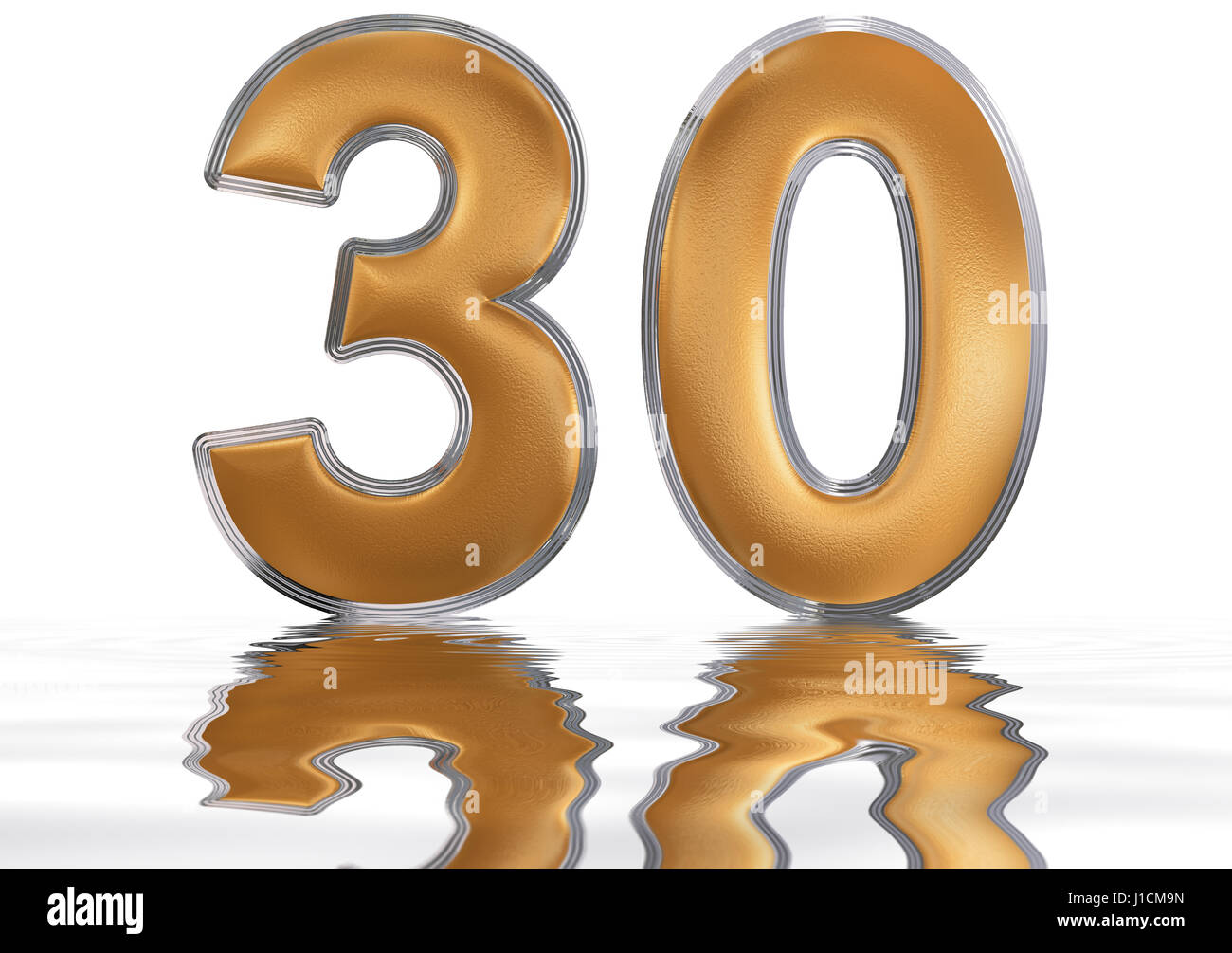 Numeral 30, thirty, reflected on the water surface, isolated on white ...
