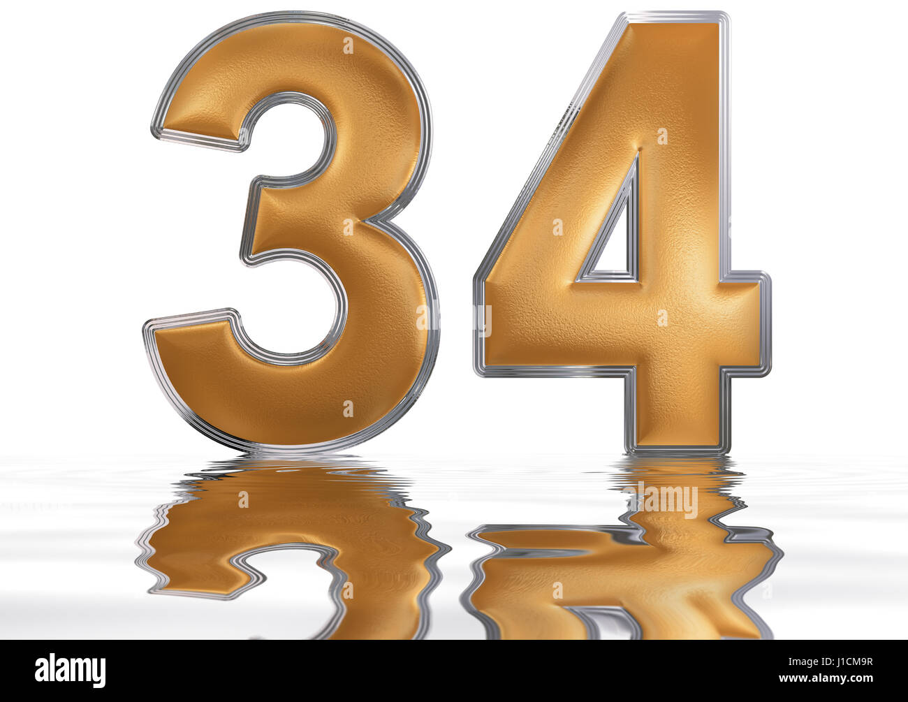 Numeral 34, thirty four, reflected on the water surface, isolated on ...