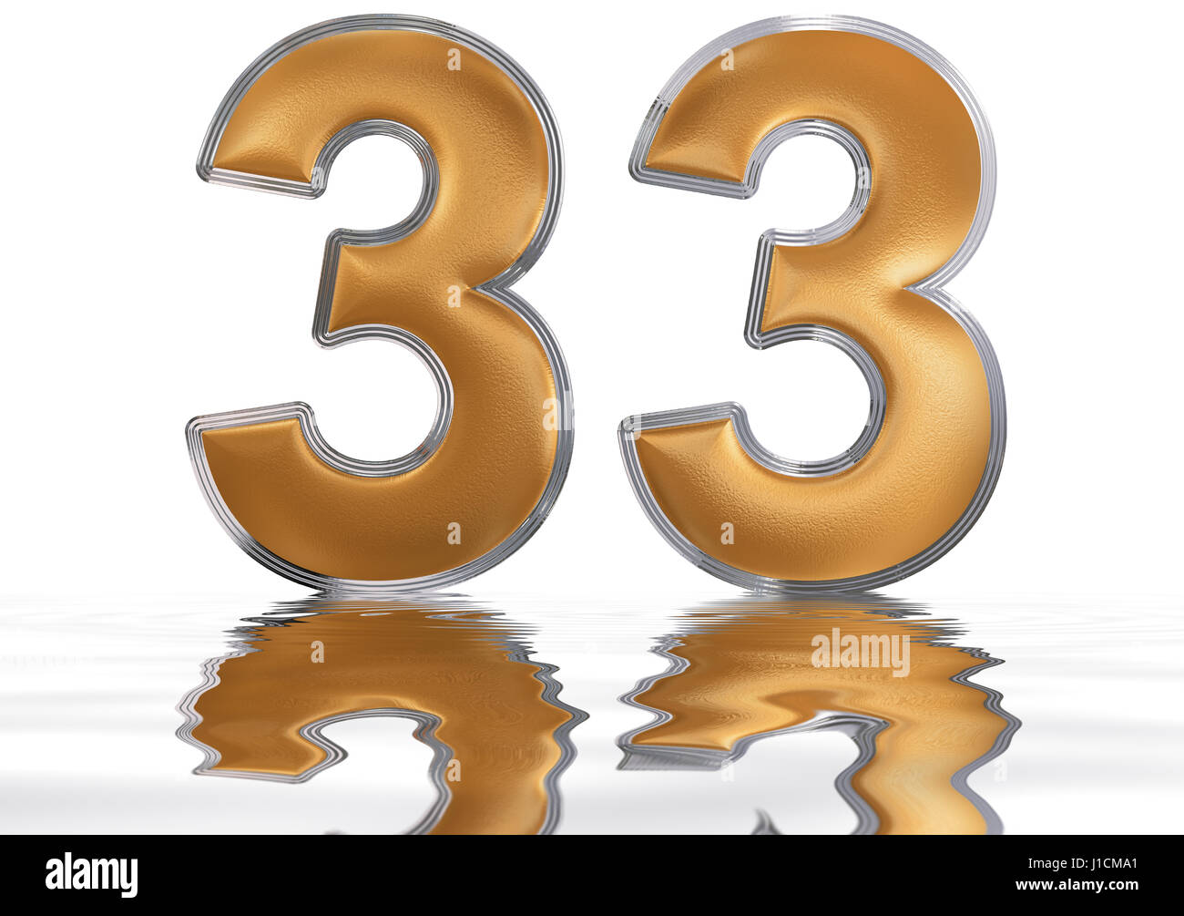 Numeral 33, thirty three, reflected on the water surface, isolated on ...
