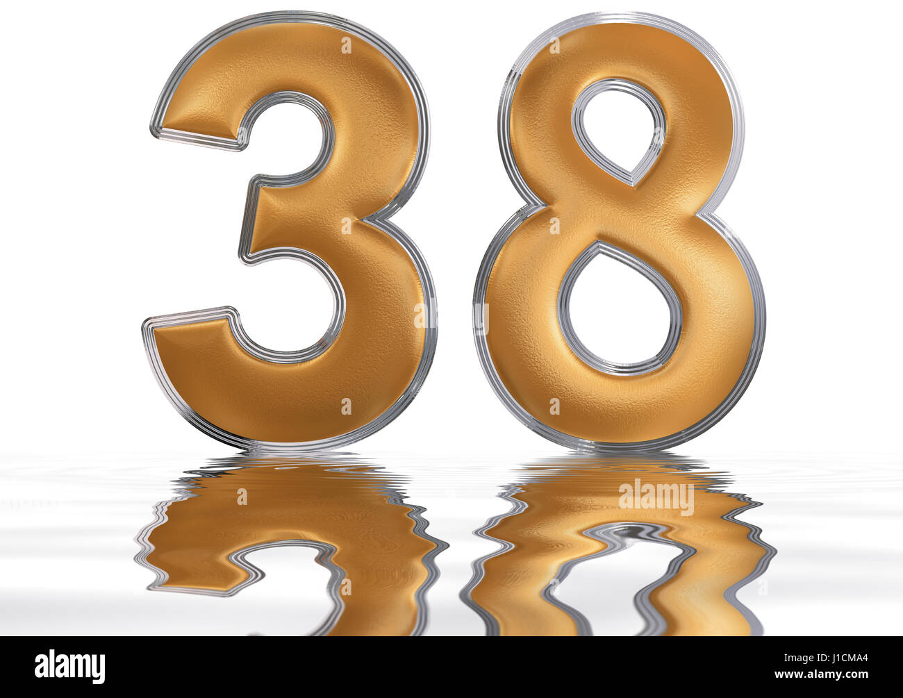 Numeral 38, thirty eight, reflected on the water surface, isolated on ...